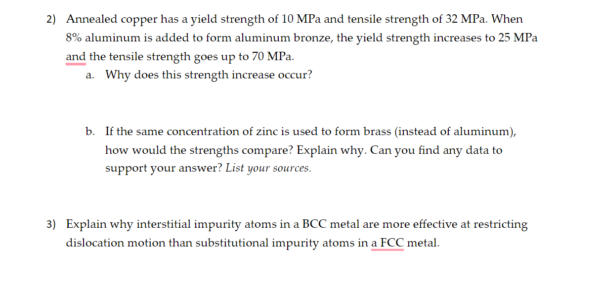 Solved 2) Annealed copper has a yield strength of 10 MPa and | Chegg.com