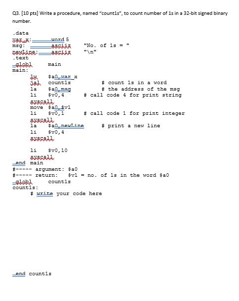 Solved Q3 10 pts write A Procedure Named Count 1s