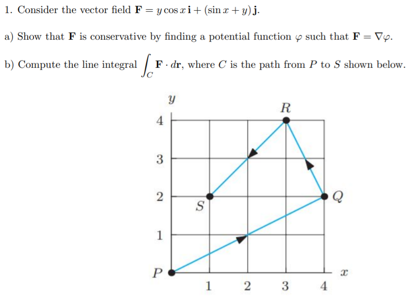Solved 1. Consider the vector field F = y cos xi + (sin x | Chegg.com