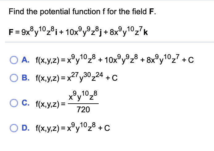 Solved Find the potential function f for the field F. F=9x®y | Chegg.com