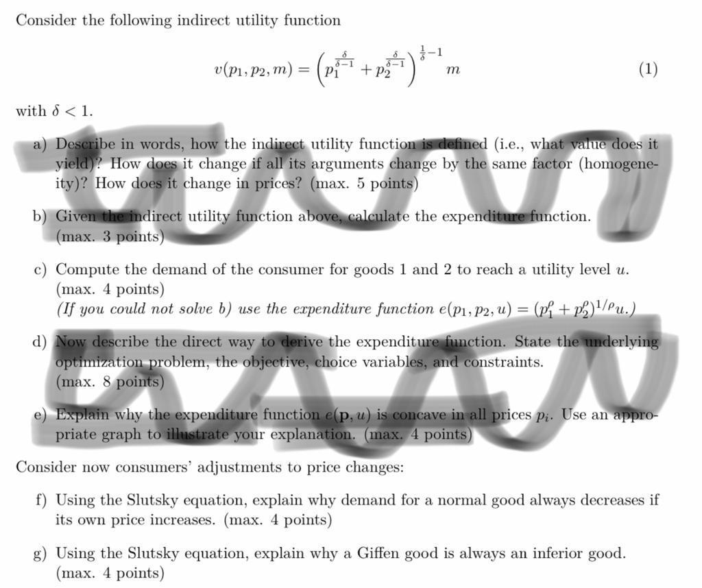 Consider the following indirect utility function | Chegg.com