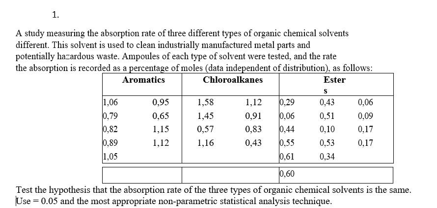 Solved 1. A study measuring the absorption rate of three | Chegg.com