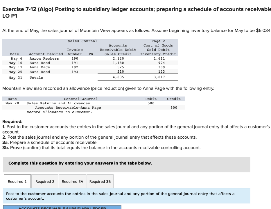Solved Exercise 7-12 (Algo) Posting to subsidiary ledger | Chegg.com