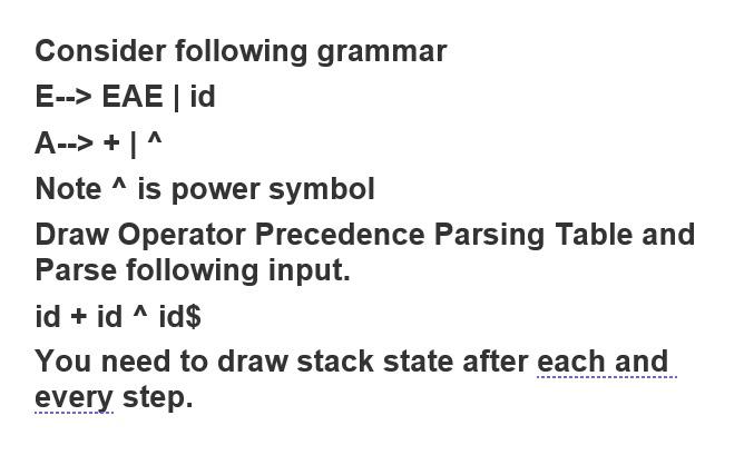 Solved Consider following grammar E--> EAE | id A--> +|^ | Chegg.com