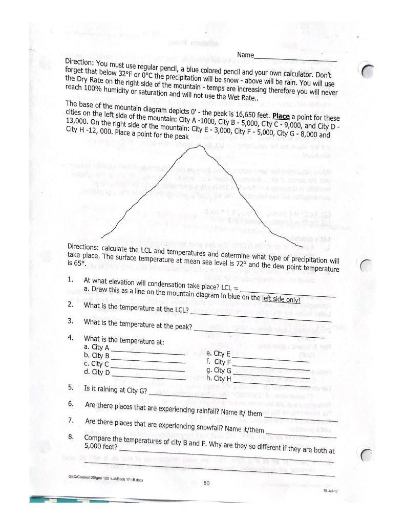 Solved Name Lapse Rates Normal Lapse rate is the average | Chegg.com