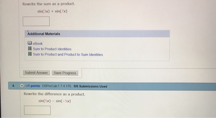Solved Rewrite the sum as a product. sin(3x) + sin(7x) | Chegg.com