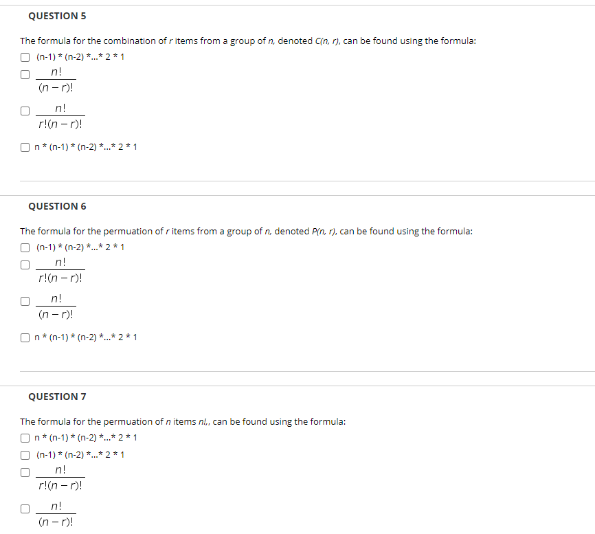 Solved QUESTION 5 The formula for the combination of r items | Chegg.com