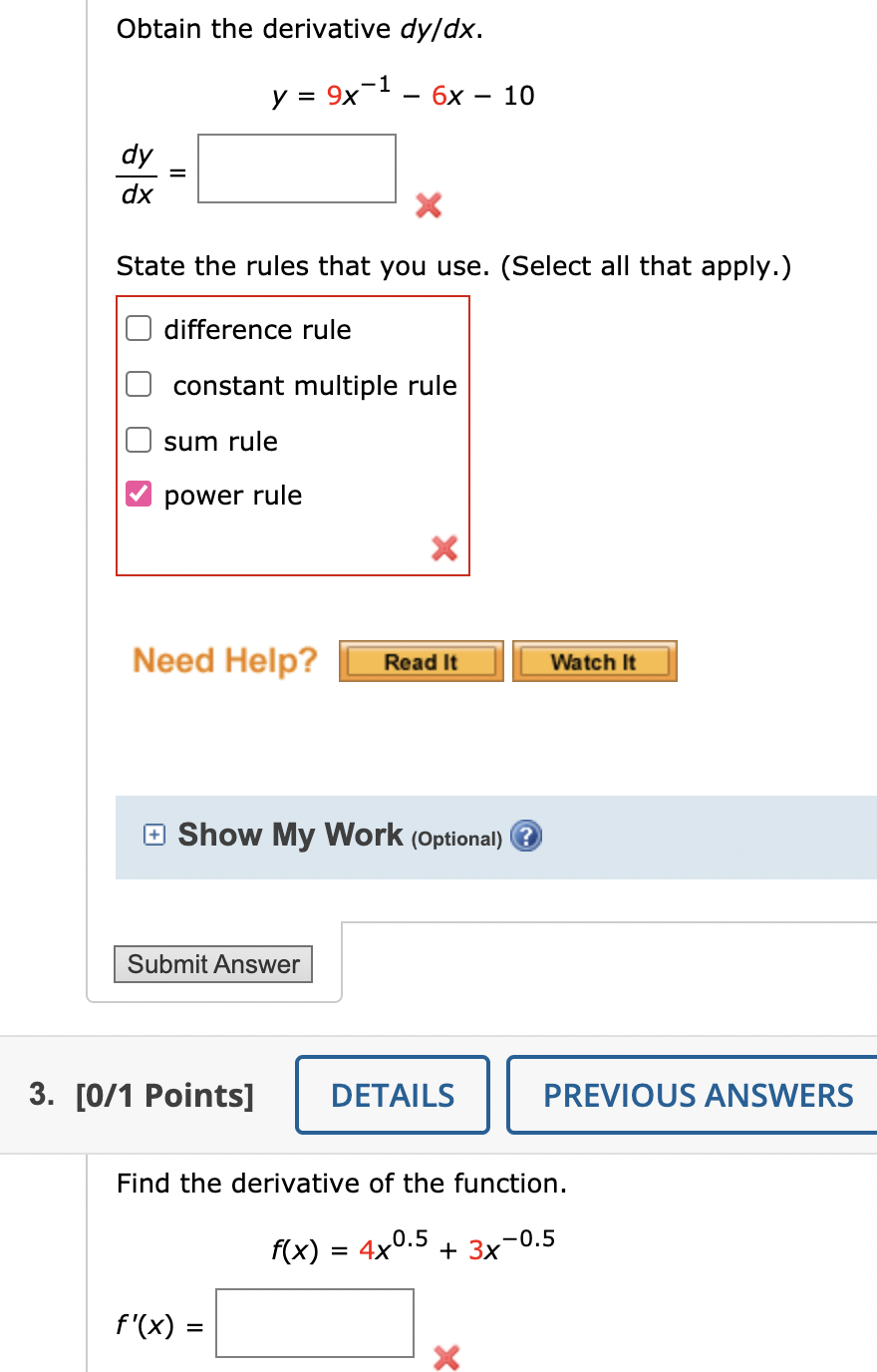 Solved Obtain the derivative dy/dx. y = 9x-1 6x — 10 dy dx = | Chegg.com