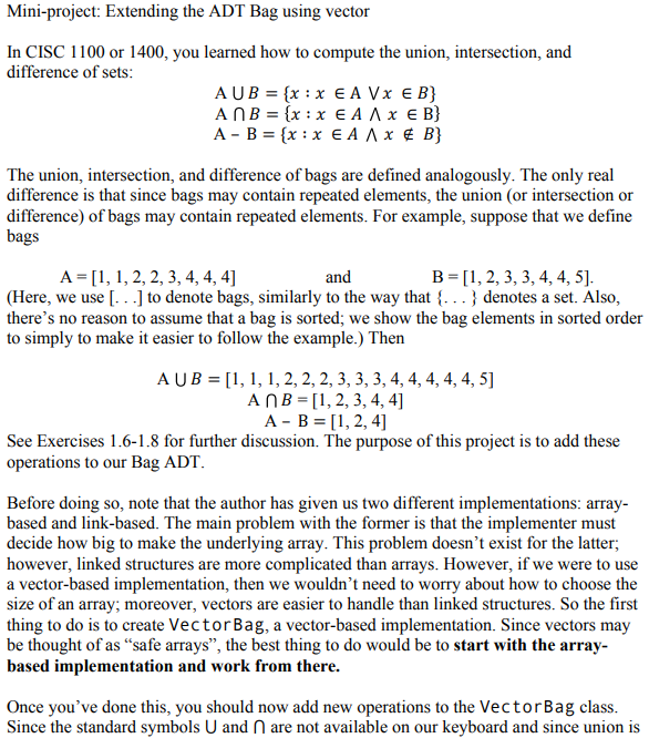 Mini-project: Extending the ADT Bag using vector In | Chegg.com