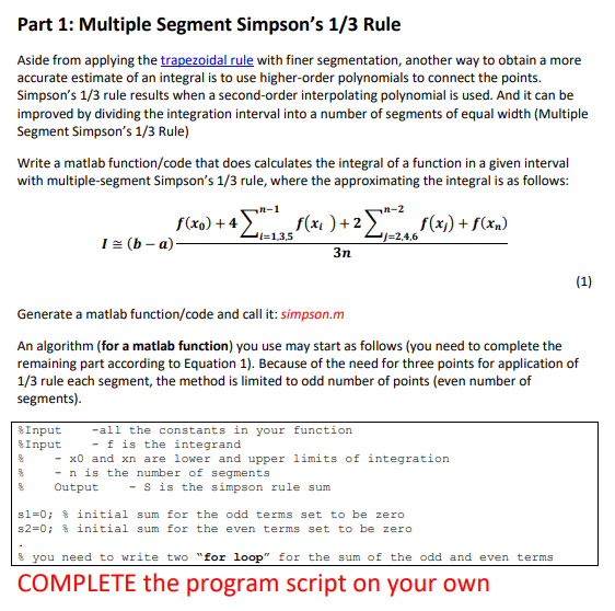 Solved Part 1: Multiple Segment Simpson's 1/3 ﻿RuleAside | Chegg.com