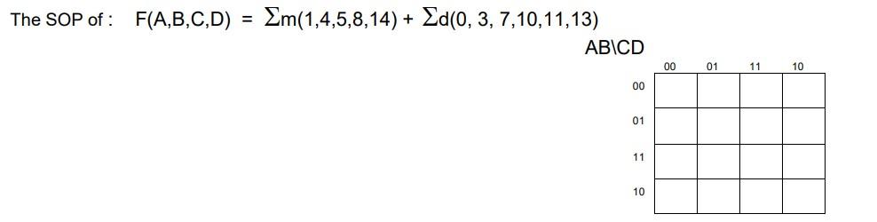 Solved F(A,B,C,D)=∑m(1,4,5,8,14)+∑d(0,3,7,10,11,13) | Chegg.com