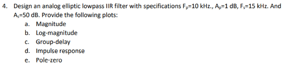 4. Design an analog elliptic lowpass IIR filter with | Chegg.com