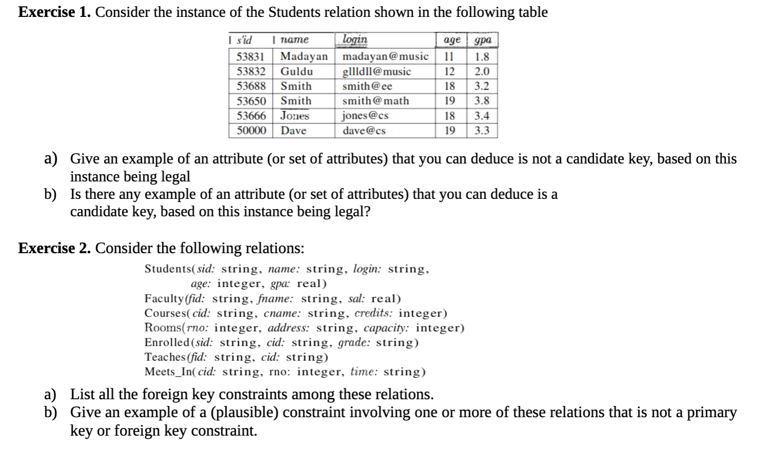 Solved a) Give an example of an attribute (or set of | Chegg.com