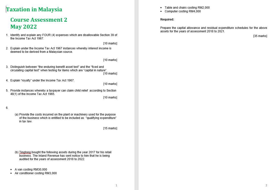 Taxation in Malaysia Course Assessment 2 May 2022 1. | Chegg.com