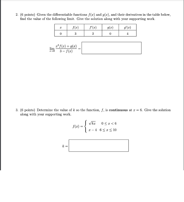 Solved 2. (6 points) Given the differentiable functions f(t) | Chegg.com