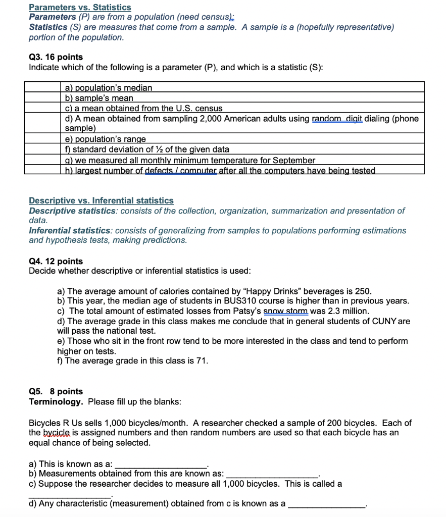 Solved Parameters vs. Statistics Parameters (P) are from a | Chegg.com