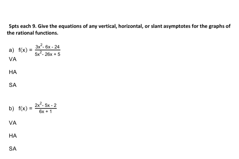 Solved 5 pts each 9. Give the equations of any vertical, | Chegg.com