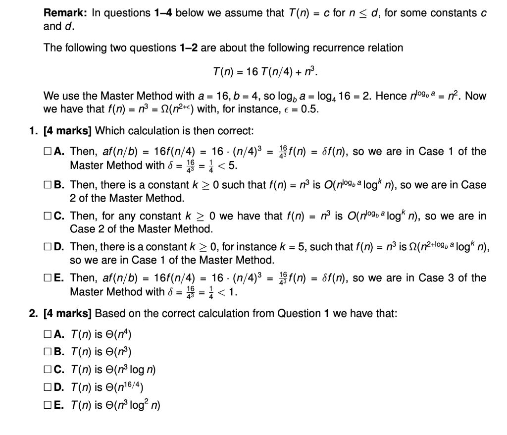 Solved Remark: In questions 1-4 below we assume that T(n) = | Chegg.com