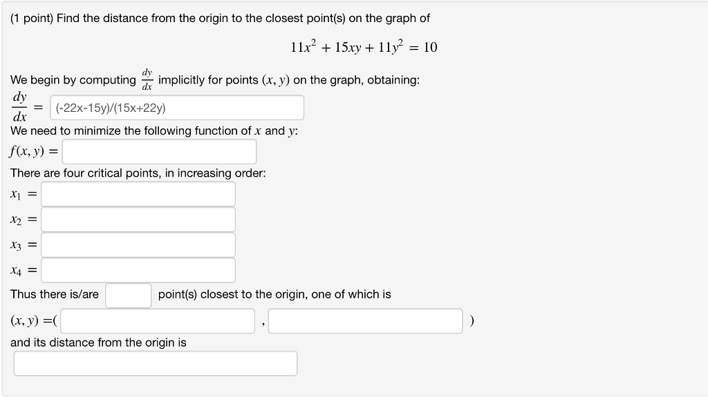 Solved (1 point) Find the distance from the origin to the | Chegg.com