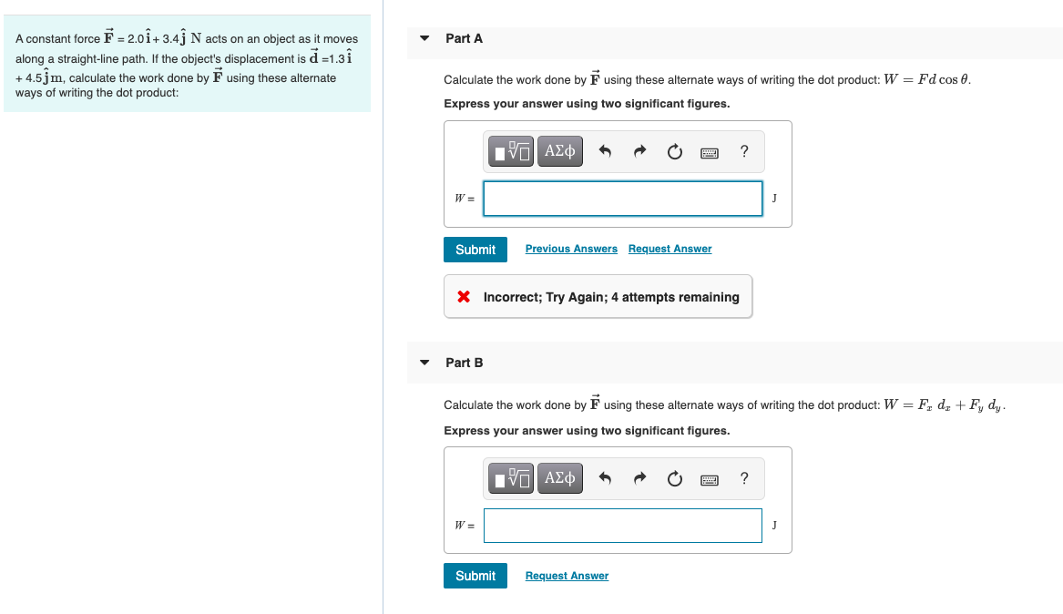 Solved Part A A constant force F = 2.0 î+3.49 N acts on an | Chegg.com