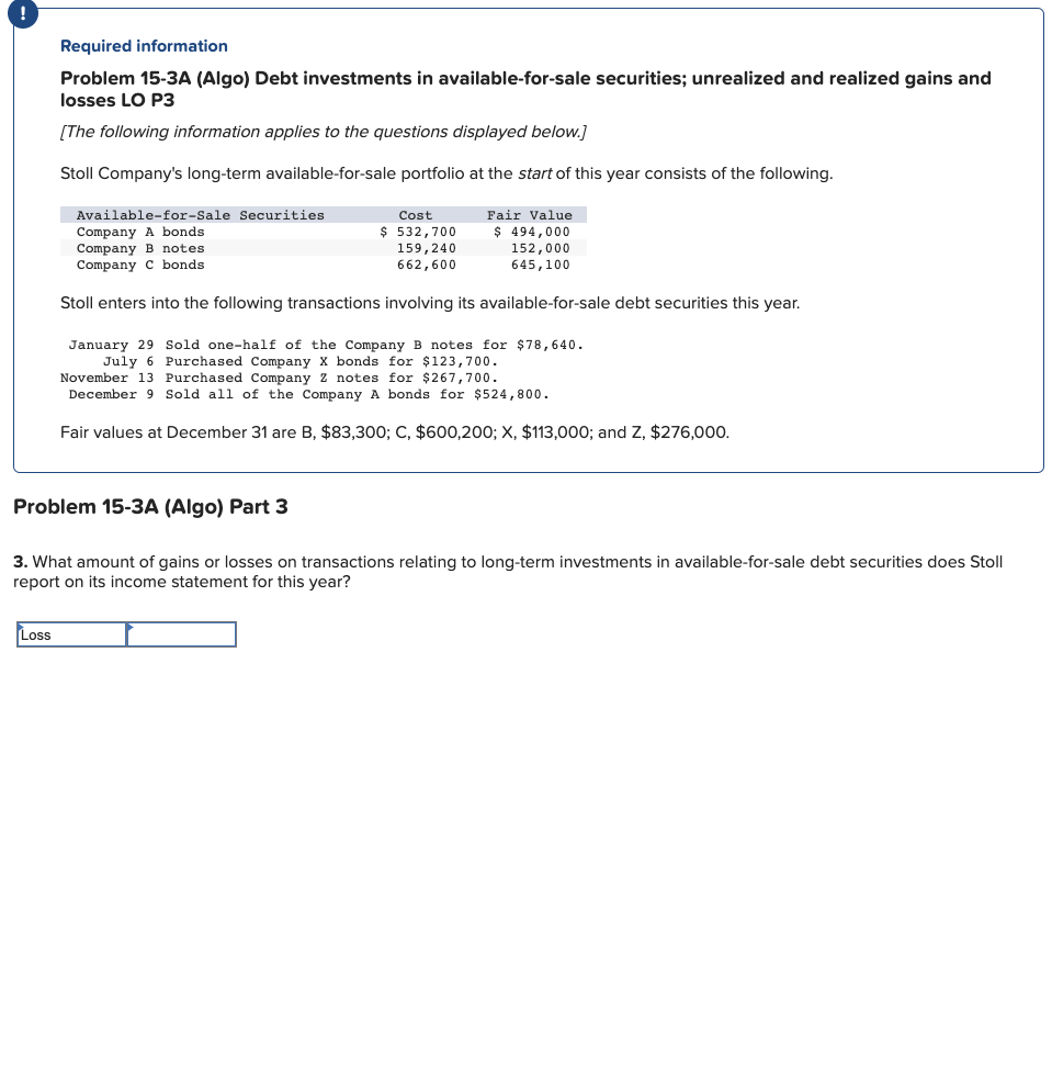 Solved Problem 15-3A (Algo) Debt investments in | Chegg.com
