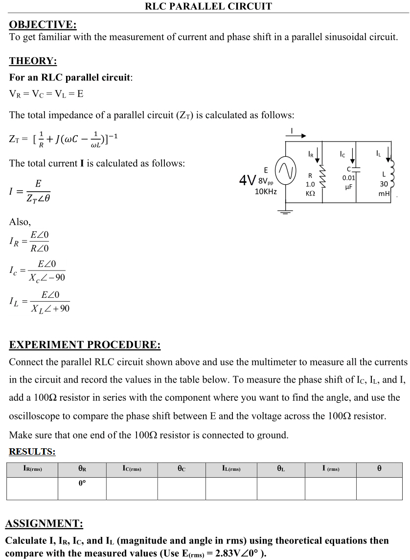 Solved RLC PARALLEL CIRCUIT OBJECTIVE: To get familiar with | Chegg.com