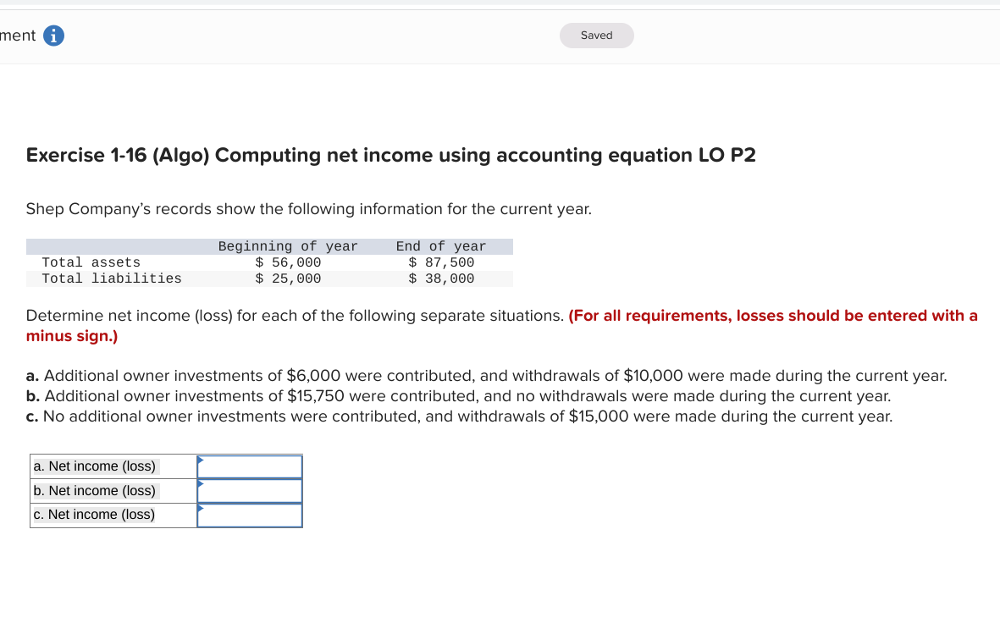 Solved Exercise 1-16 (Algo) Computing net income using | Chegg.com