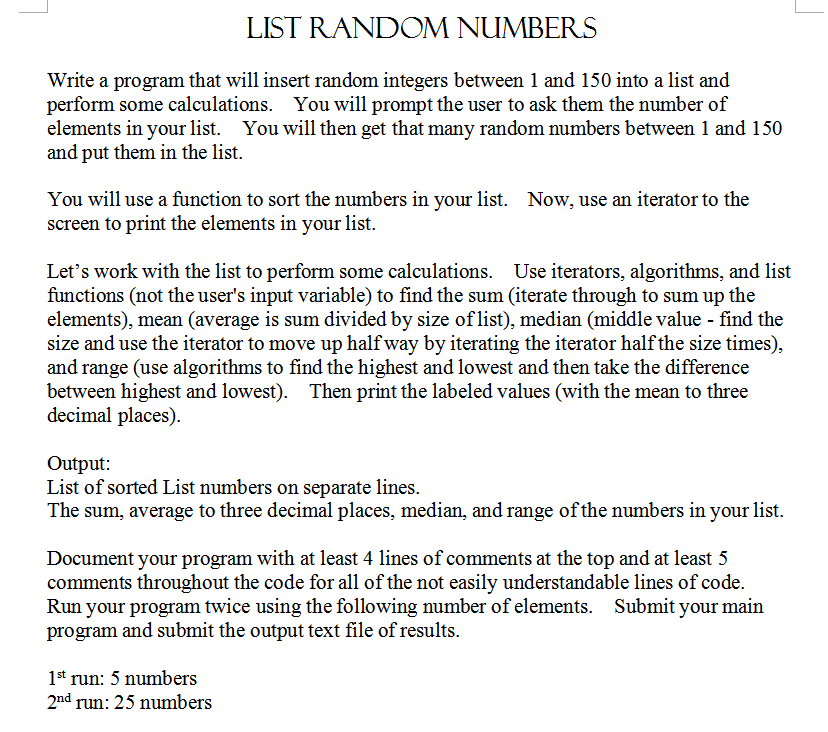 Solved LIST RANDOM NUMBERS Write a program that will insert | Chegg.com