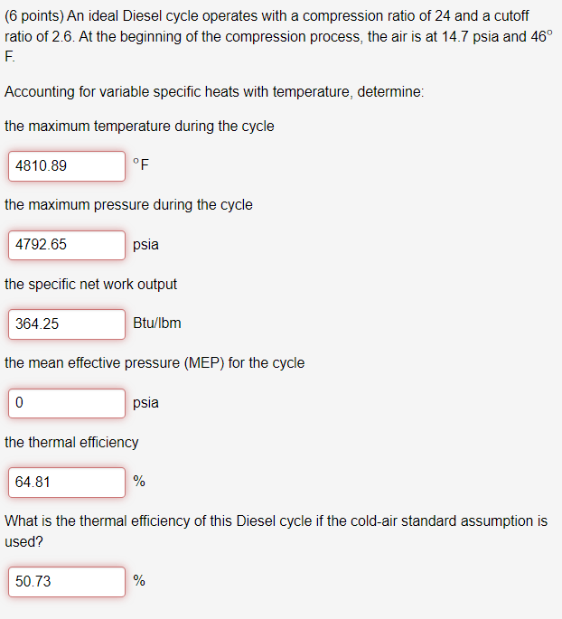 Solved (6 ﻿points) ﻿An ideal Diesel cycle operates with a | Chegg.com