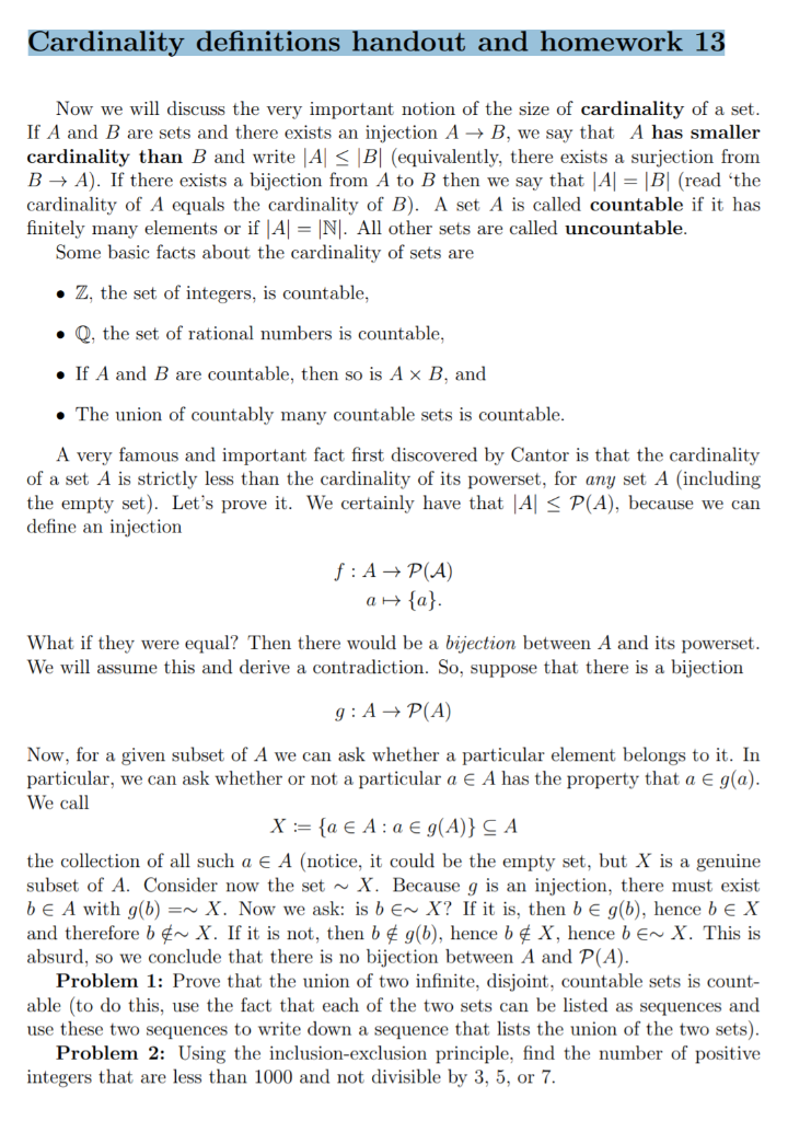 Solved Cardinality definitions handout and homework 13 Now | Chegg.com
