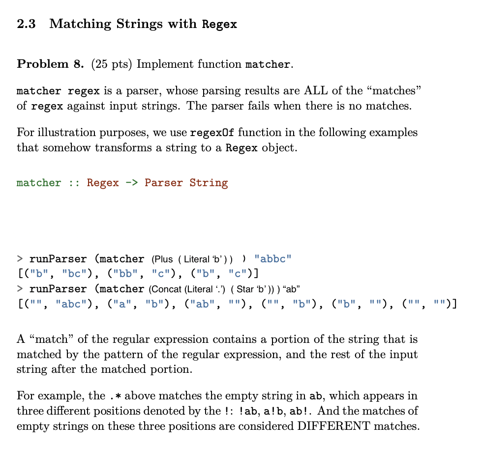 Given a data type Regex, write a matcher function in | Chegg.com