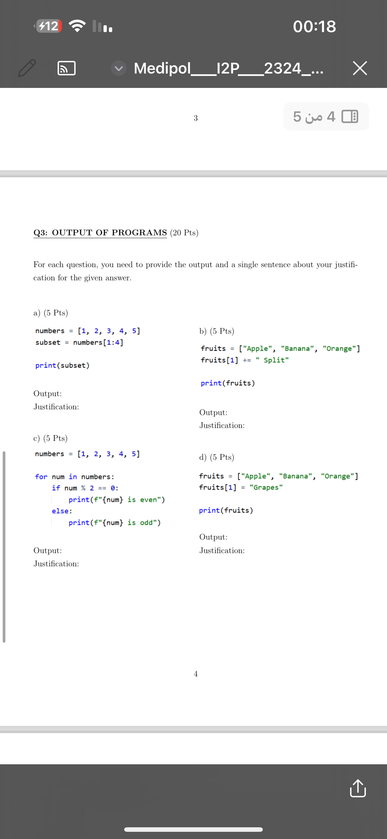Solved Q3: OUTPUT OF PROGRAMS (20Pts)For each question, you | Chegg.com