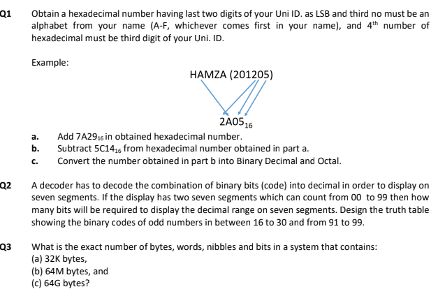Solved Q1 Obtain a hexadecimal number having last two digits | Chegg.com