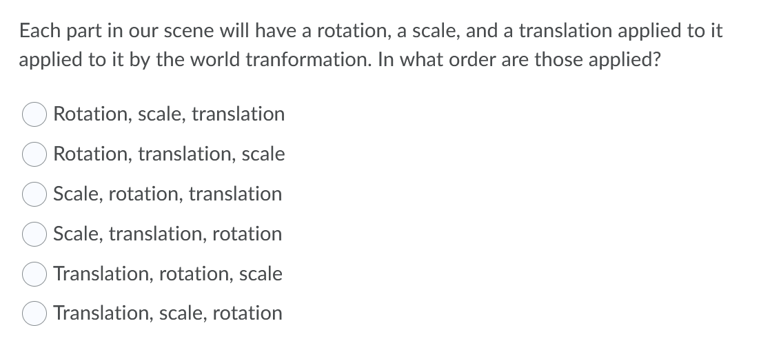 Solved Each part in our scene will have a rotation, a scale, | Chegg.com