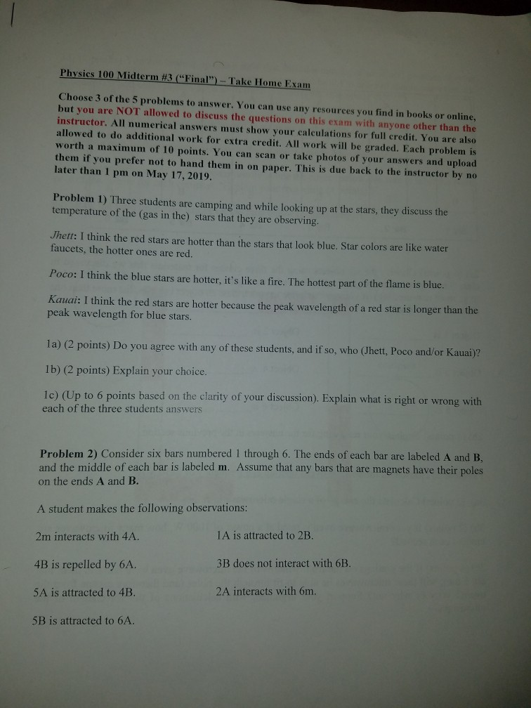 Physics 100 Midterm #3 ("Final")-Take Home Exam | Chegg.com