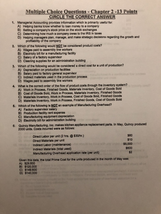 Solved Multiple Choice Questions - Chapter 2-13 Points | Chegg.com