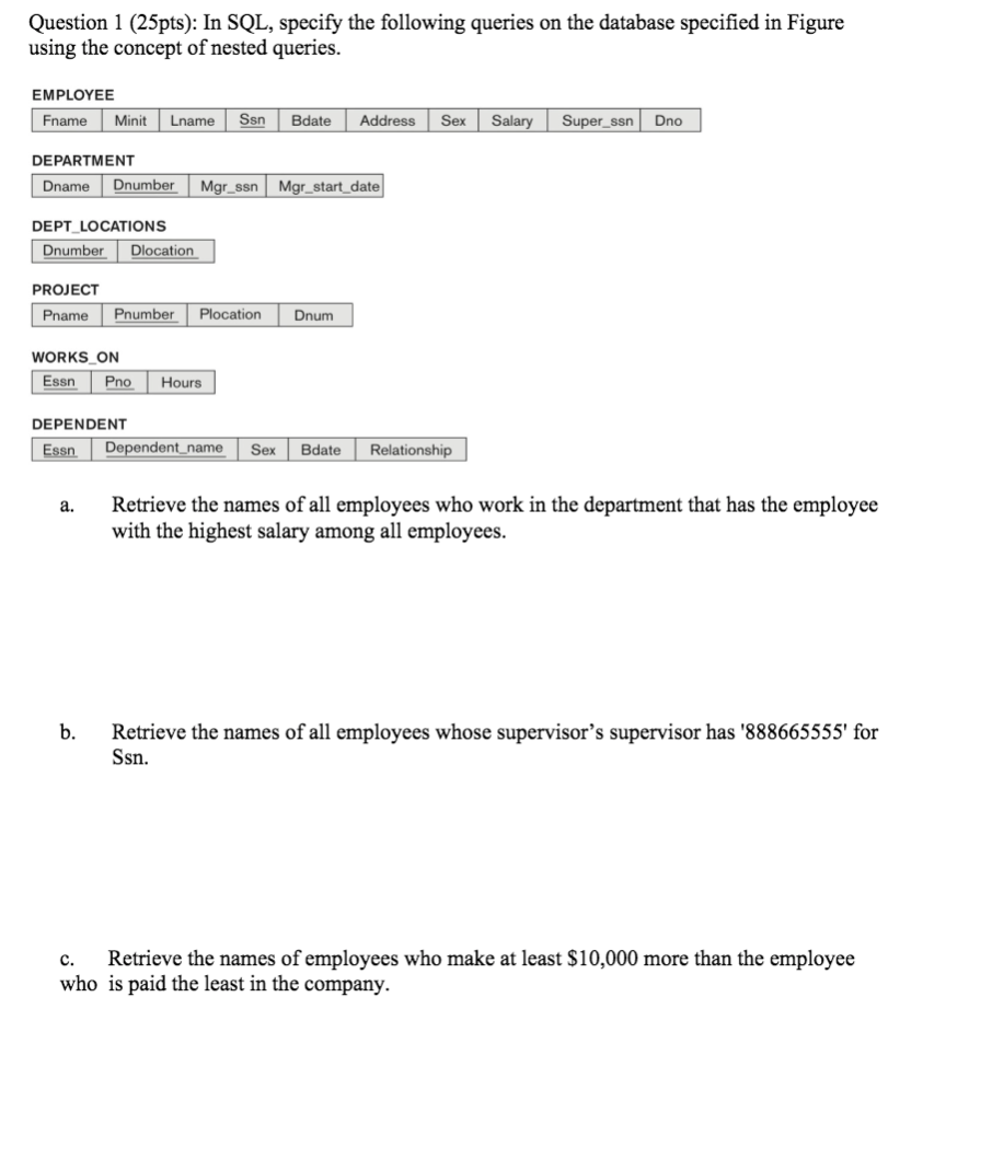 Solved Question 1 (25pts): In SQL, specify the following | Chegg.com