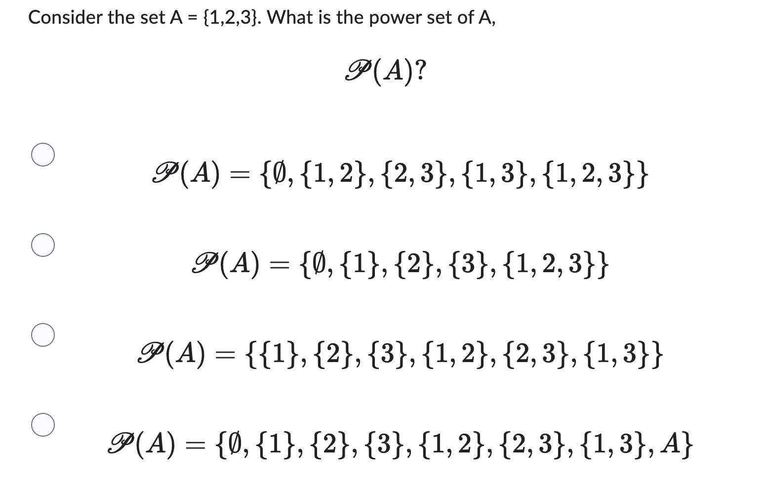 Solved Consider the set A={1,2,3}. What is the power set of | Chegg.com