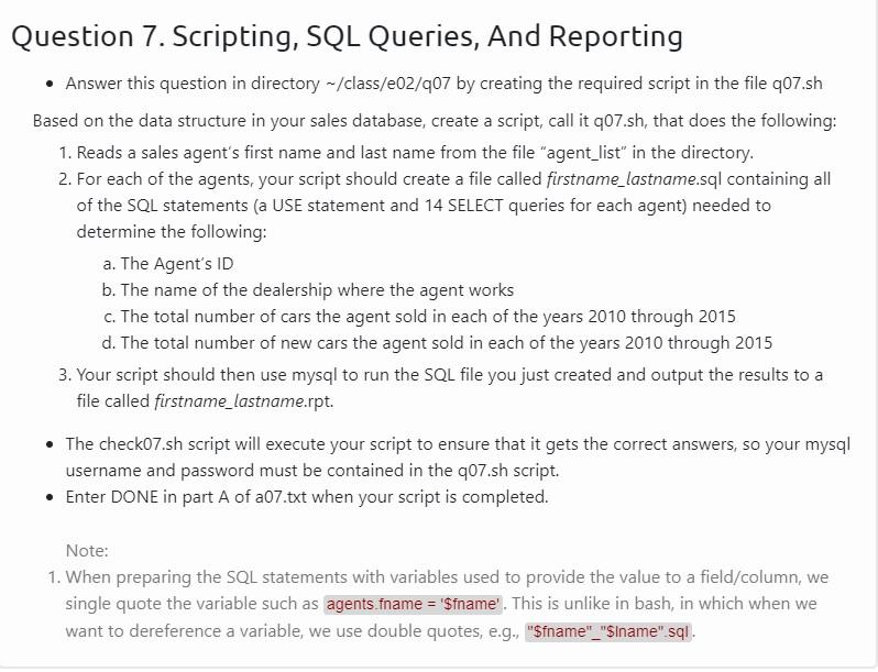 Question 7. Scripting, SQL Queries, And Reporting | Chegg.com