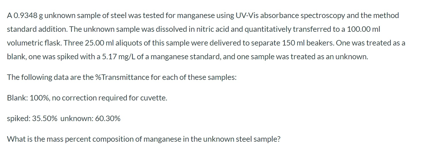 Solved A 0.9348 g unknown sample of steel was tested for | Chegg.com