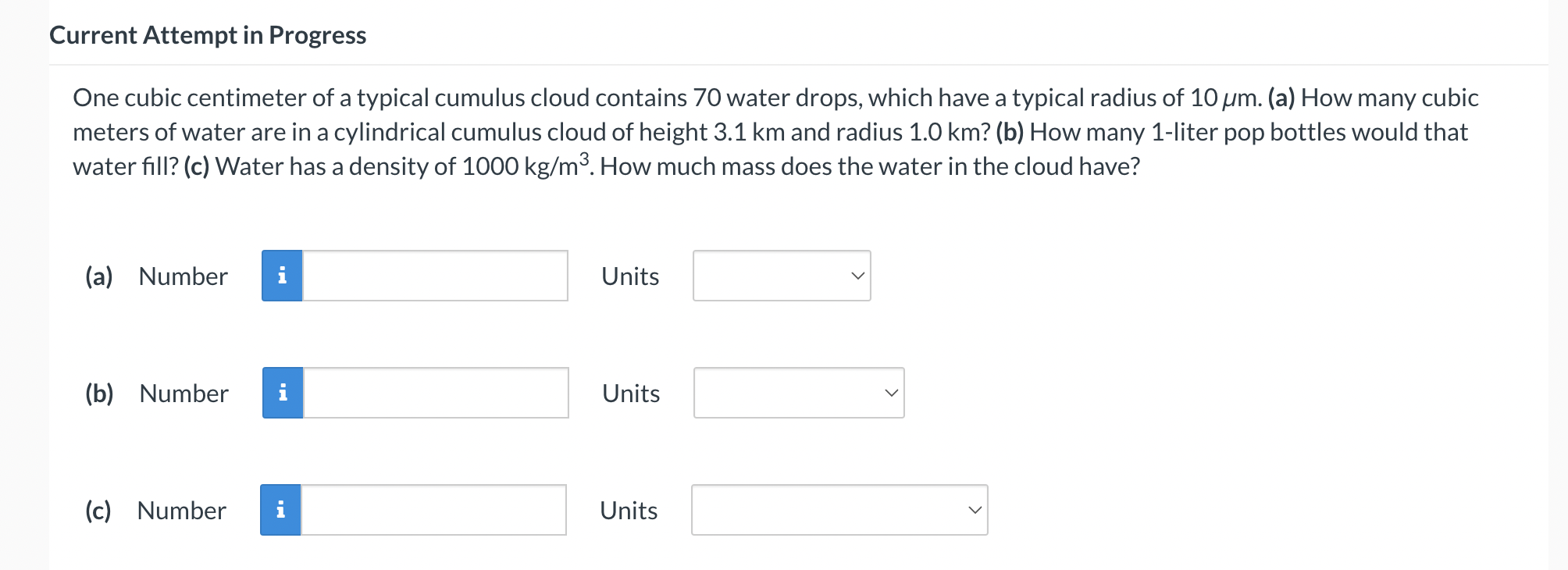 Solved One cubic centimeter of a typical cumulus cloud | Chegg.com