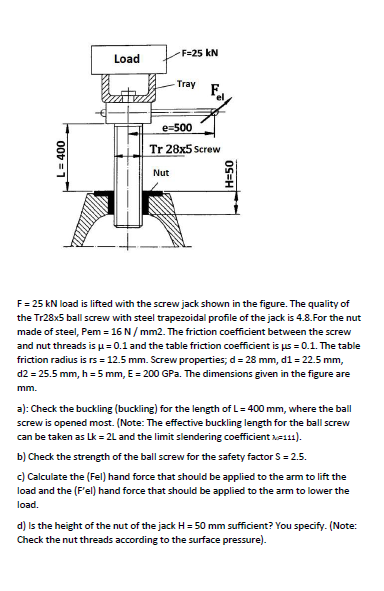 Load F=25 kN Tray e=500 Tr 28x5 Screw L = 400 Nut | Chegg.com