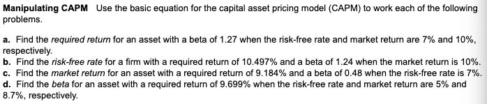 Solved Manipulating CAPM Use the basic equation for the | Chegg.com