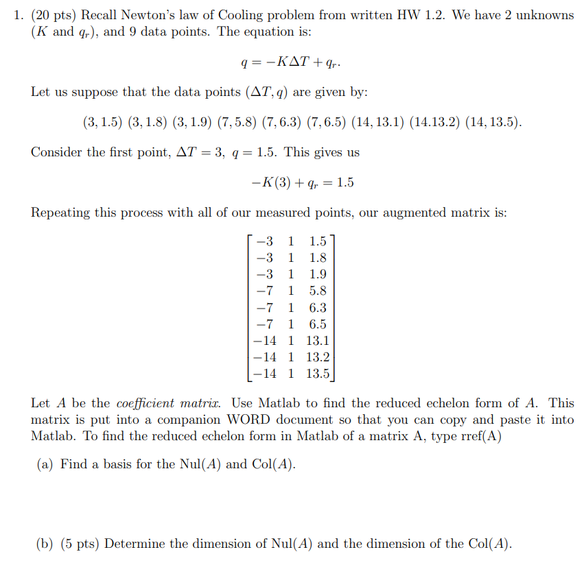 Solved 1. (20 pts) Recall Newton's law of Cooling problem | Chegg.com