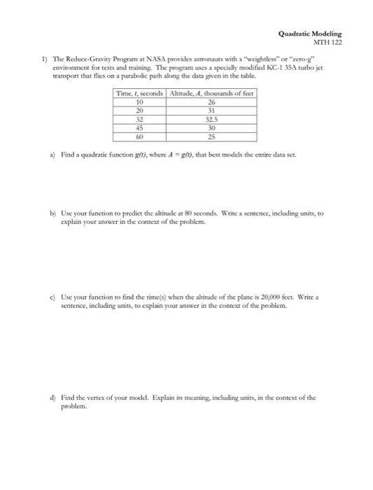 Solved Quadratic Modeling MTH 122 1) The Reduce-Gravity | Chegg.com