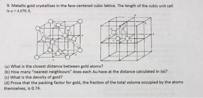 Solved 9. Metallic gold crystallizes in the face-centered | Chegg.com