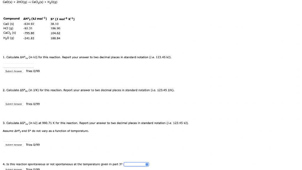 Solved CaO(s)+2HCl(g)→CaCl2( s)+H2O(g) 1. Calculate ΔH∘rx | Chegg.com