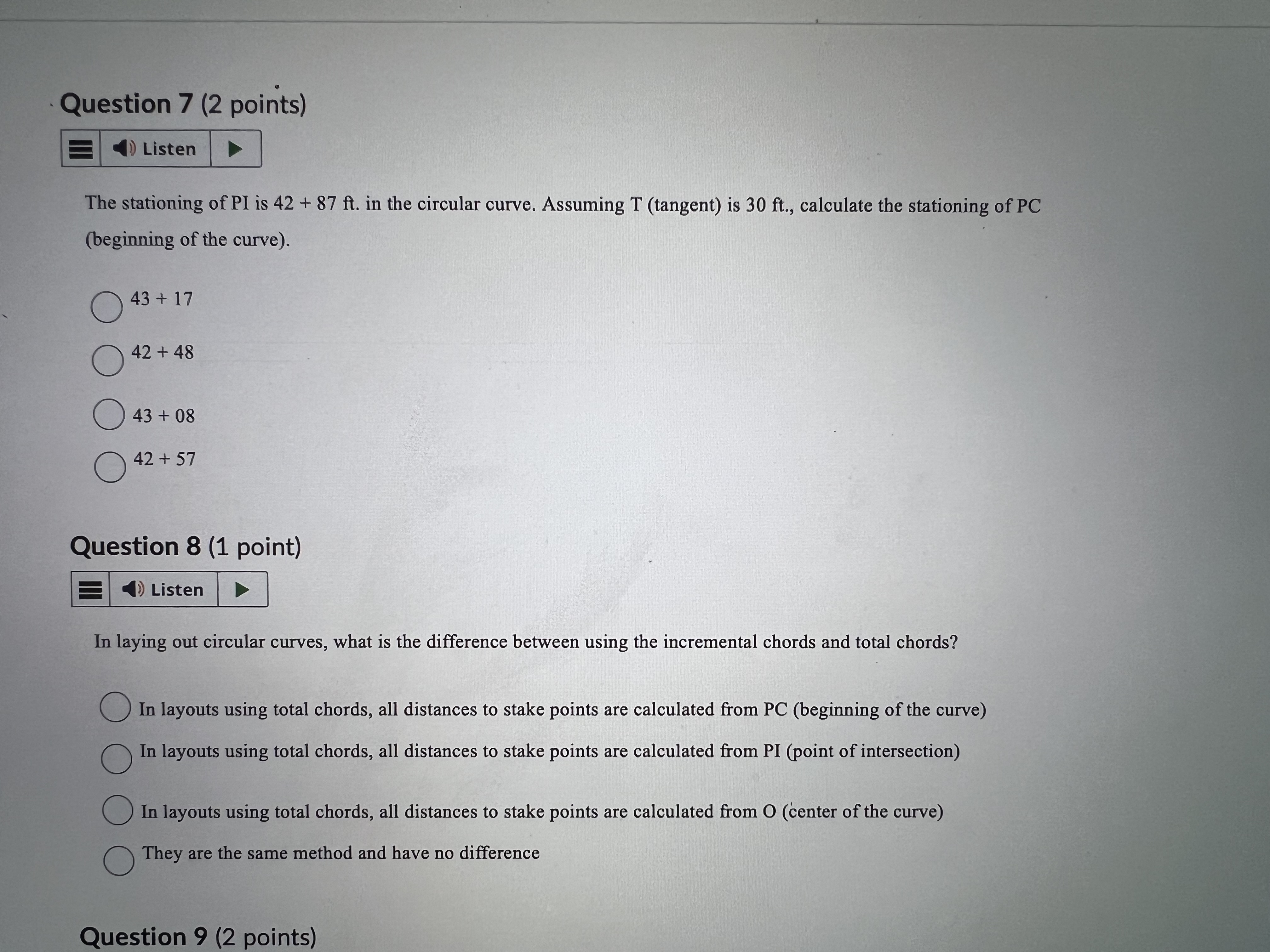 Solved The stationing of PI is 42+87ft. in the circular | Chegg.com