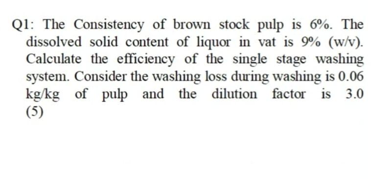 Solved Q1: The Consistency of brown stock pulp is 6%. The | Chegg.com