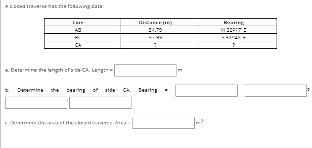 Solved A closed traverse has the following data: Line AB BC | Chegg.com